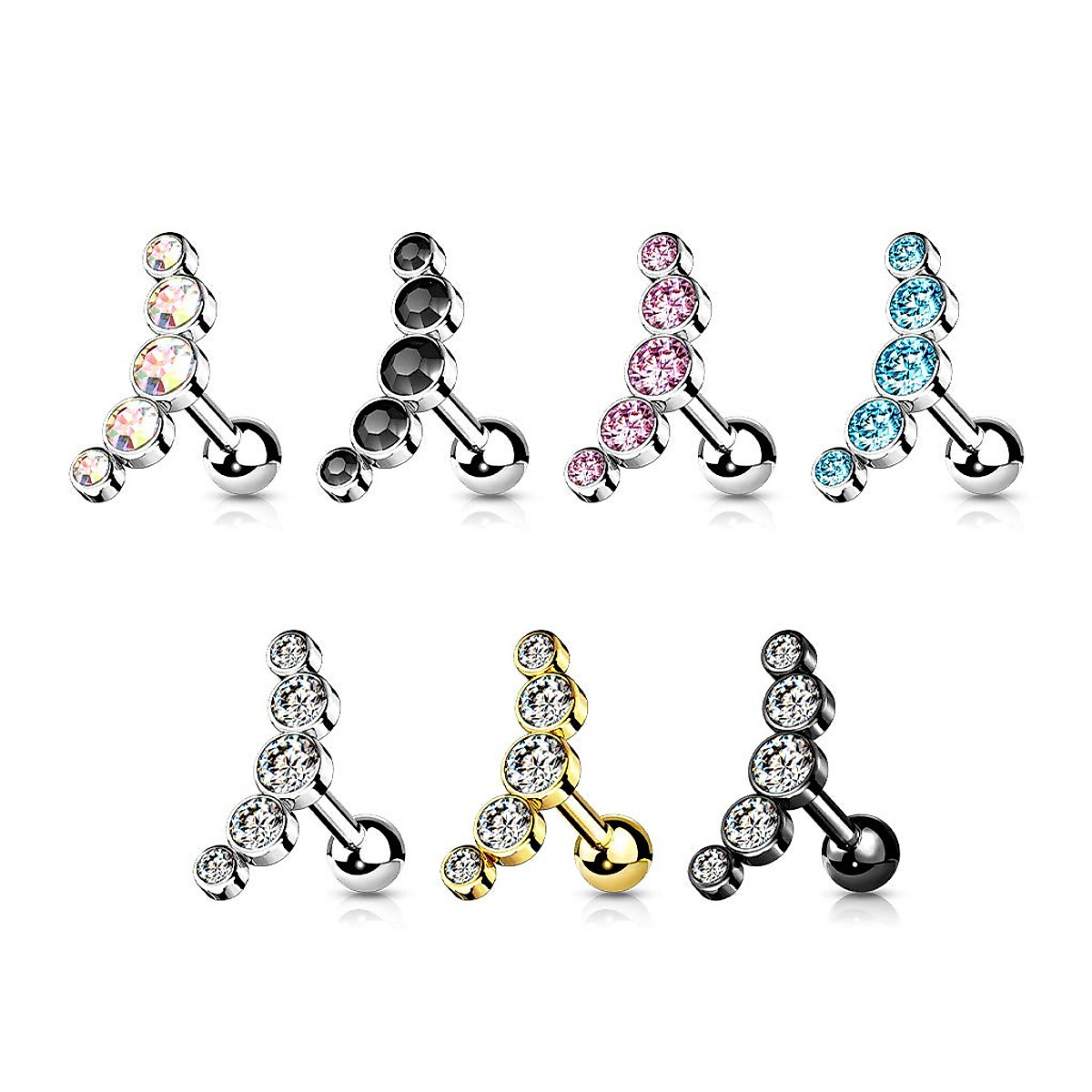 Amelia Fashion 16 Gauge 5-Round Gem Set Curve Top 316L Surgical Steel Cartilage Barbell Studs (Aurora Borealis)