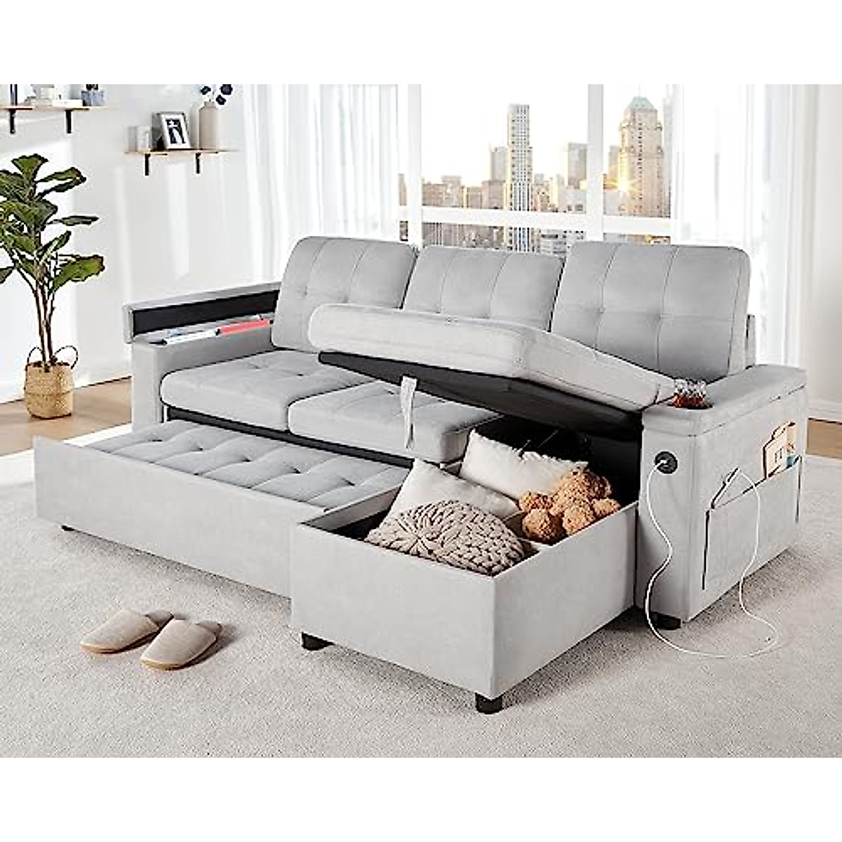 VanAcc Sofa Bed, Modern Tufted Convertible Sleeper Sofa, USB Charging Ports & Cup Holders, Pull Out Couch Bed with Storage Chaise, Chenille Couches for Living Room (Light Grey)