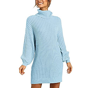 ANRABESS Women Oversized Sweater Dress Turtleneck Batwing Long Sleeve Ribbed Knit Loose 2024 Fall Winter Casual Short Dress A240danlan-M Light Blue