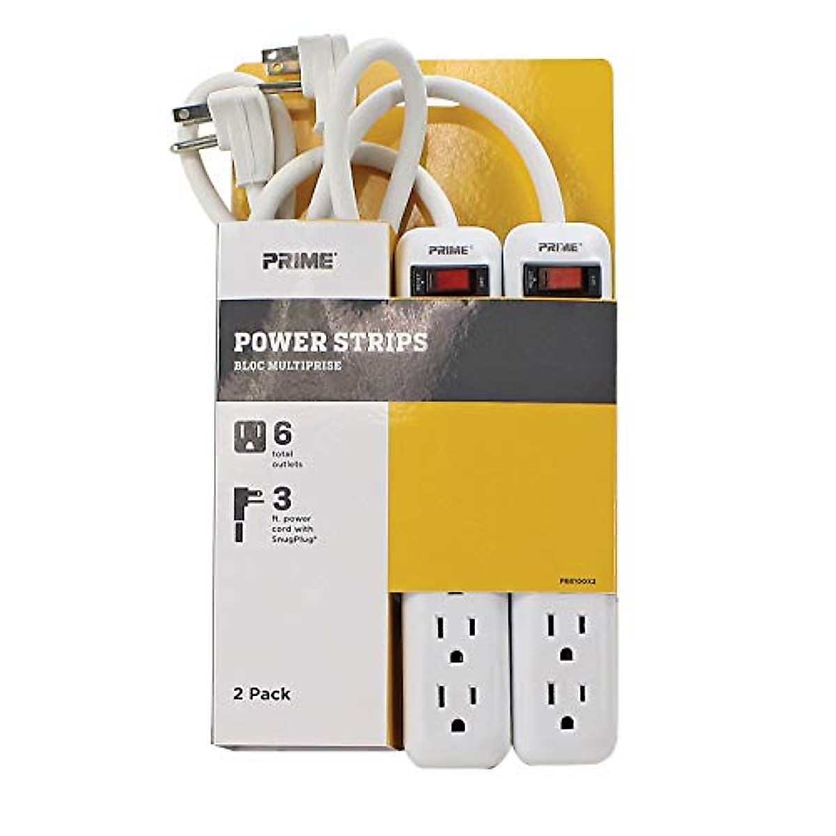 Prime Wire & Cable PB8100X2 6-Outlet Power Strip with Right Angle Plug and 14-3 SJT 3-Feet Cord, 2-Pack,White