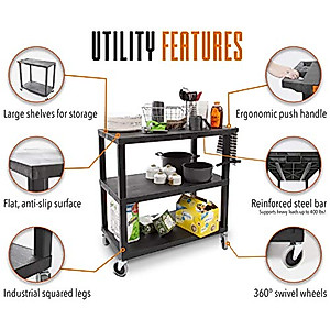 Stand Steady Flat Top Utility Cart by Tubstr | Heavy Duty Service Cart Supports 400 lbs. | Three Shelf Multipurpose Cart Perfect for Home, Garage, Catering, Warehouse & More! (Black / 35 x 18)