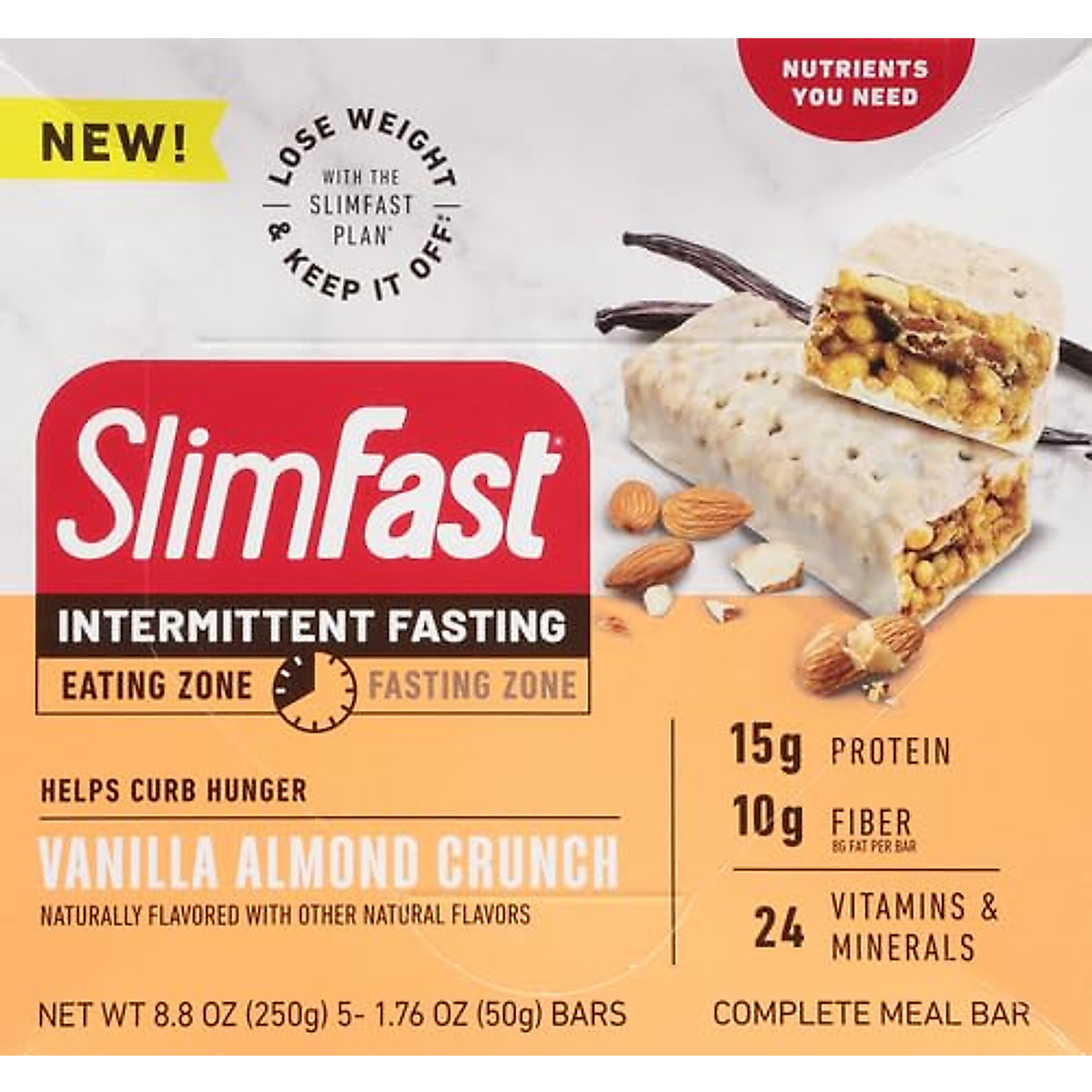 SlimFast Intermittent Fasting- Complete Meal Protein Bars, Vanilla Almond Crunch, 5 Bars (Pack of 1)