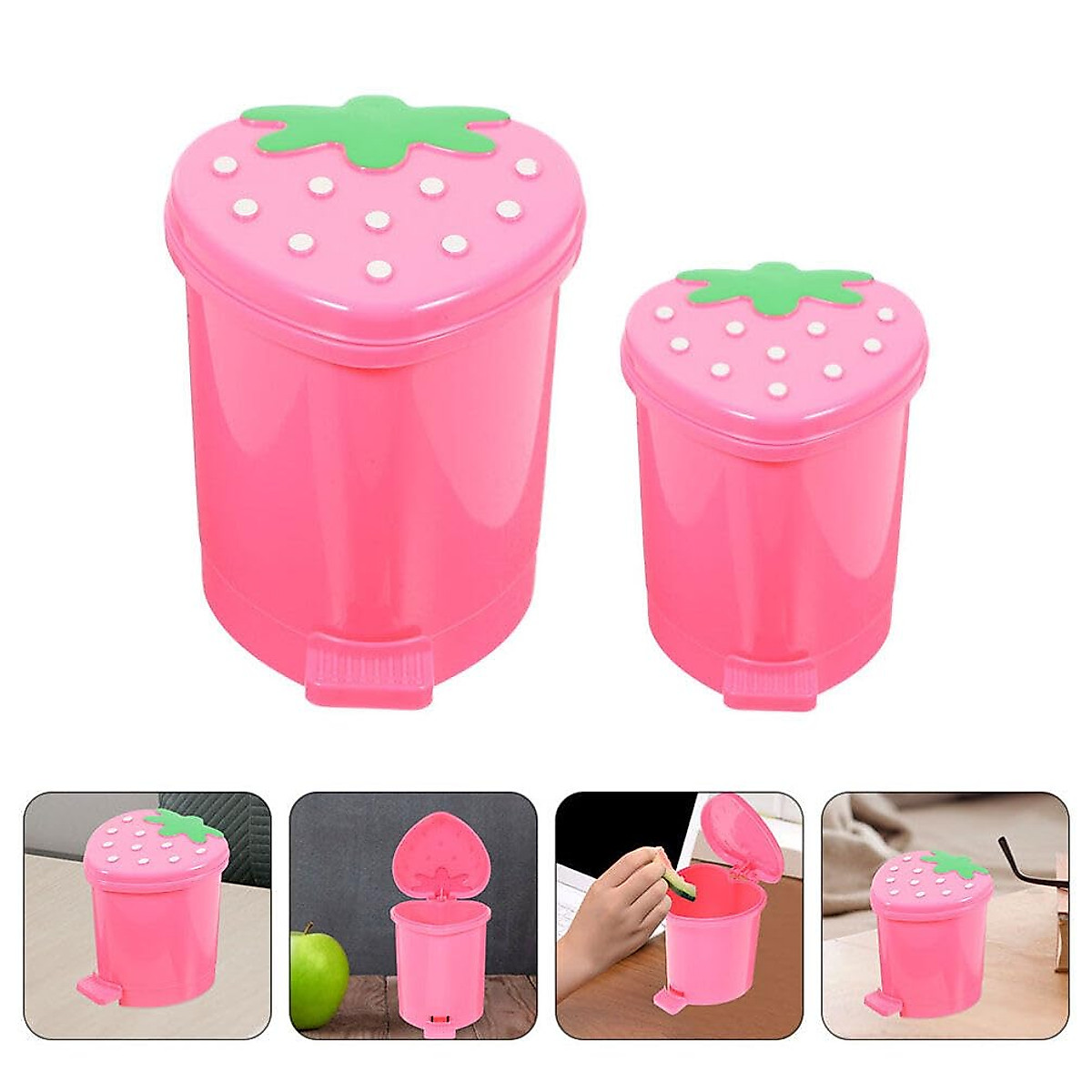 Luxshiny 2pcs Strawberry Trash Can Cute Mini Countertop Trash Can with Lid Kawaii Small Garbage Can Plastic Waste Bin Wastebasket for Car Office Bedroom Kitchen Decor