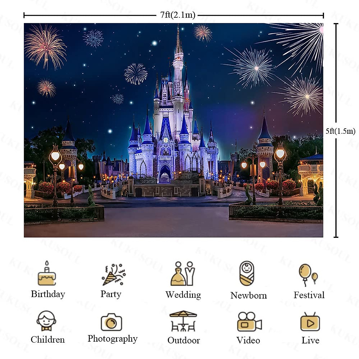 KUKUSOUL 7x5ft Castle Night Backdrop Fireworks Background for Children and Girl Birthday Party Photo Video Shooting Props KU683