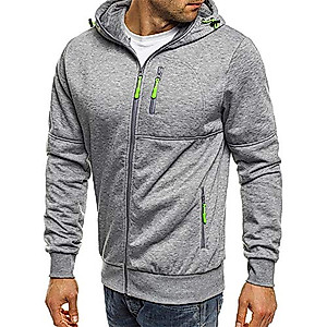 Mens Zipper Hooded Sweatshirts, Thenlian Mens' Autum Winter Long Sleeve Zipper Patchwork Hooded Sweatshirt Cardigan Tops (Gray, 3XL)
