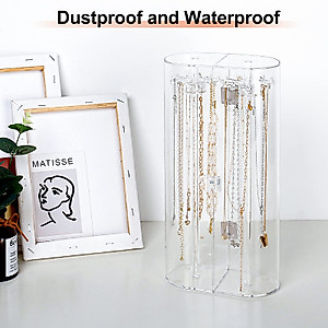 Acrylic Necklace Holder, Clear Necklace Organizer with 24 Hooks, Dustproof Rotation Jewelry Storage Holder Stand, Long Necklaces Pendant Bracelets Display Case for Dresser Bathroom Vanity Countertop