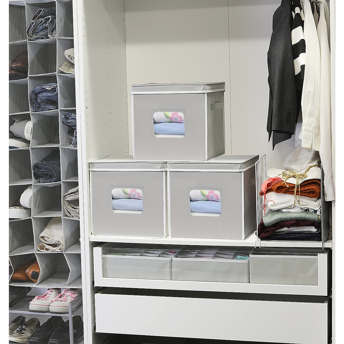 Simple Houseware 3-Pack 12-Inch Cubic Storage Basket w/Lid, Window and Side Handles, Grey