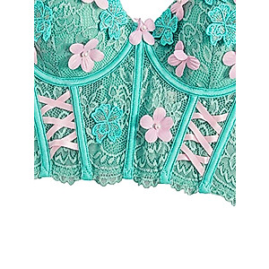 WDIRARA Women's Floral Lace Embroidered Push Up Garter Lingerie Set with Stockings Green L