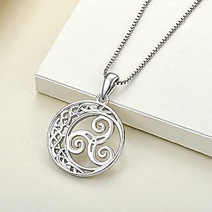 YL Celtic Knot Necklace 925 Sterling Silver Triskele Moon Pendant 18k White Gold Triskelion Jewelry for Women
