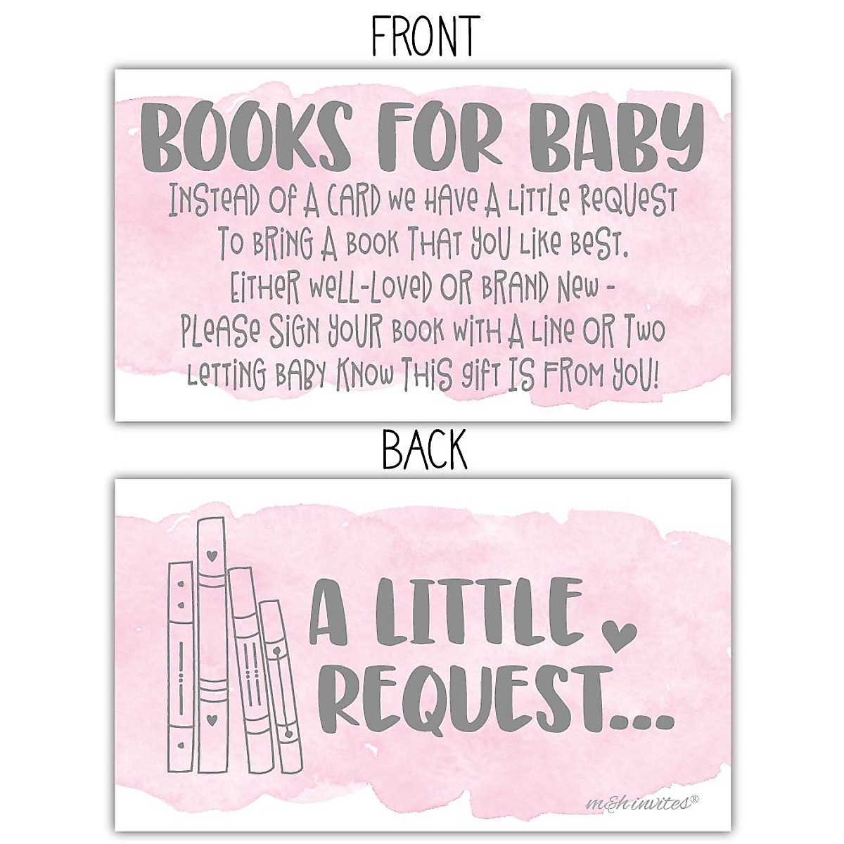 50 Pink Watercolor Books for Baby Shower Request Cards - Invitation Inserts - Girl Baby Shower