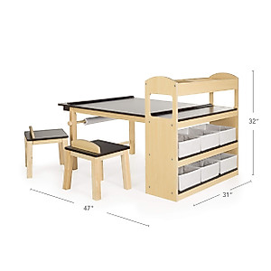 Guidecraft Deluxe Art Center: Drawing and Painting Table for Kids, W/ Two Stools, Craft Supplies Storage Shelves, Canvas Bins, Paper Roll – Preschool Toddler Wooden Learning Furniture