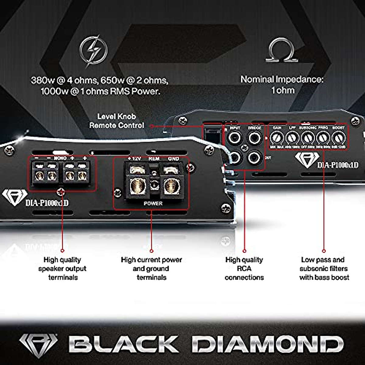 Black Diamond DIA-P1000X1D Car Audio Amplifier Class D 1-Channel Monoblock Amp 1000 Watts Rms Remote Level Control Included
