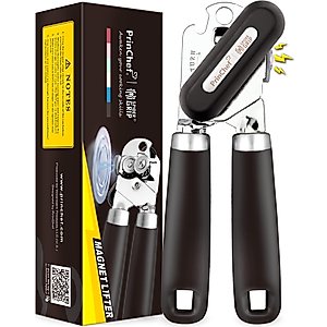 [Smoother Cut] PrinChef Manual Can Opener with Magnet, Improved Handle for More Comfortable Grip, Handheld Can Openers for Seniors, Heavy Duty Can Opener Smooth Edge, Bottle Opener Easy to Use, Black