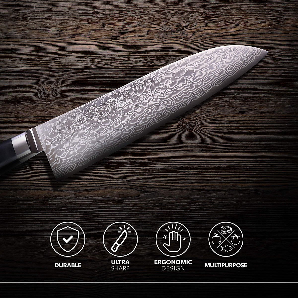 JCK ORIGINAL Kagayaki Japanese Chef’s Knife, KGRP-2 Professional Santoku Knife, Polished Patterned Damascus Stainless Steel with Ergonomic Black Pakka Wood Handle, 6.8 inch