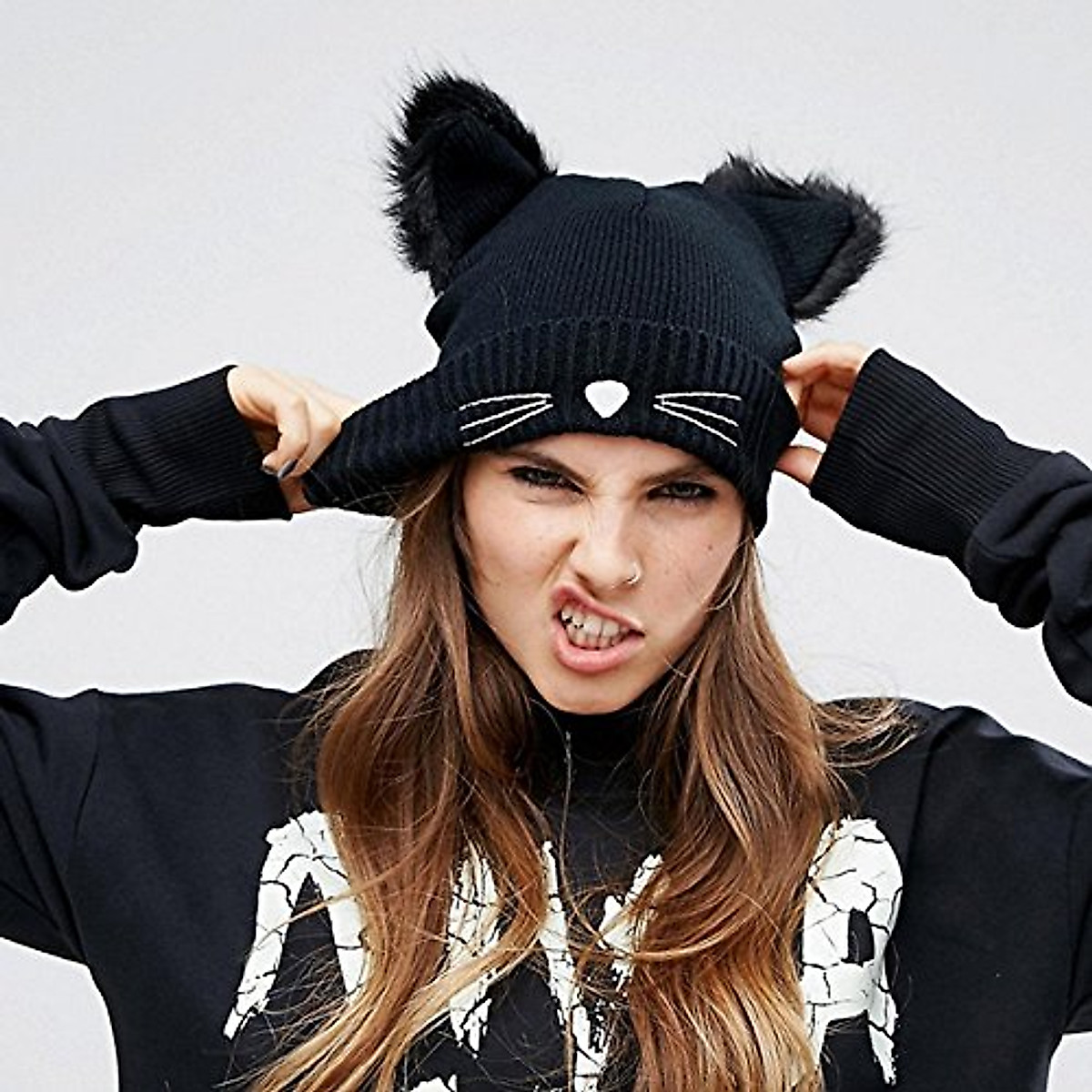 Armfre Tops Women's Beanie Hat Cute Cat Print Slouchy Skullies with Faux Fur Cat Ears Thick Skull Cap Chunky Ribble Knitted Skull Hat Cuffed Ski Cap for Ladies Casual Outdoor Active