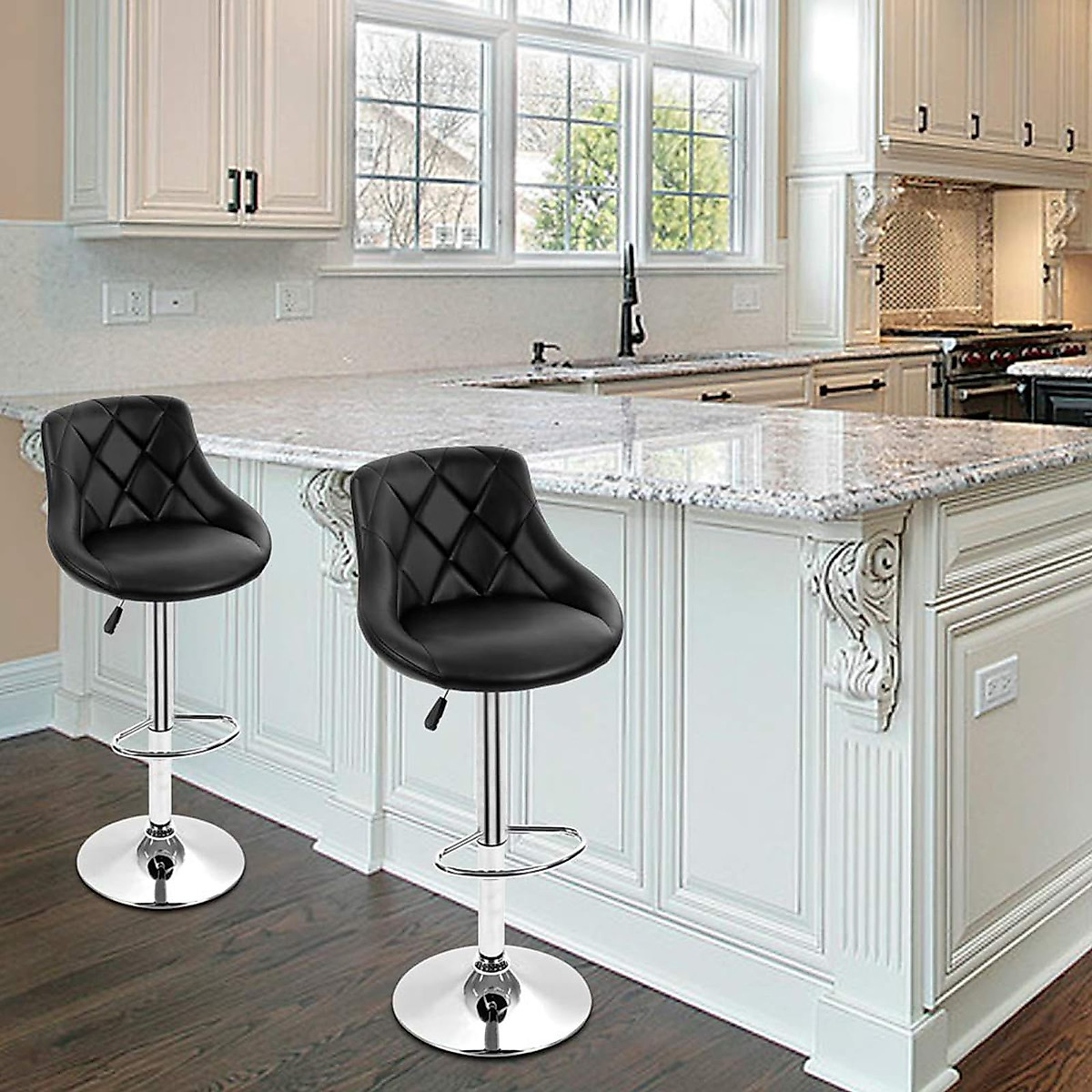 Dkeli Counter Height Bar Stools Set of 2 Leather Adjustable Bar Chairs for Kitchen Living Room Pub Swivel Bar Stool Armrest(Black)