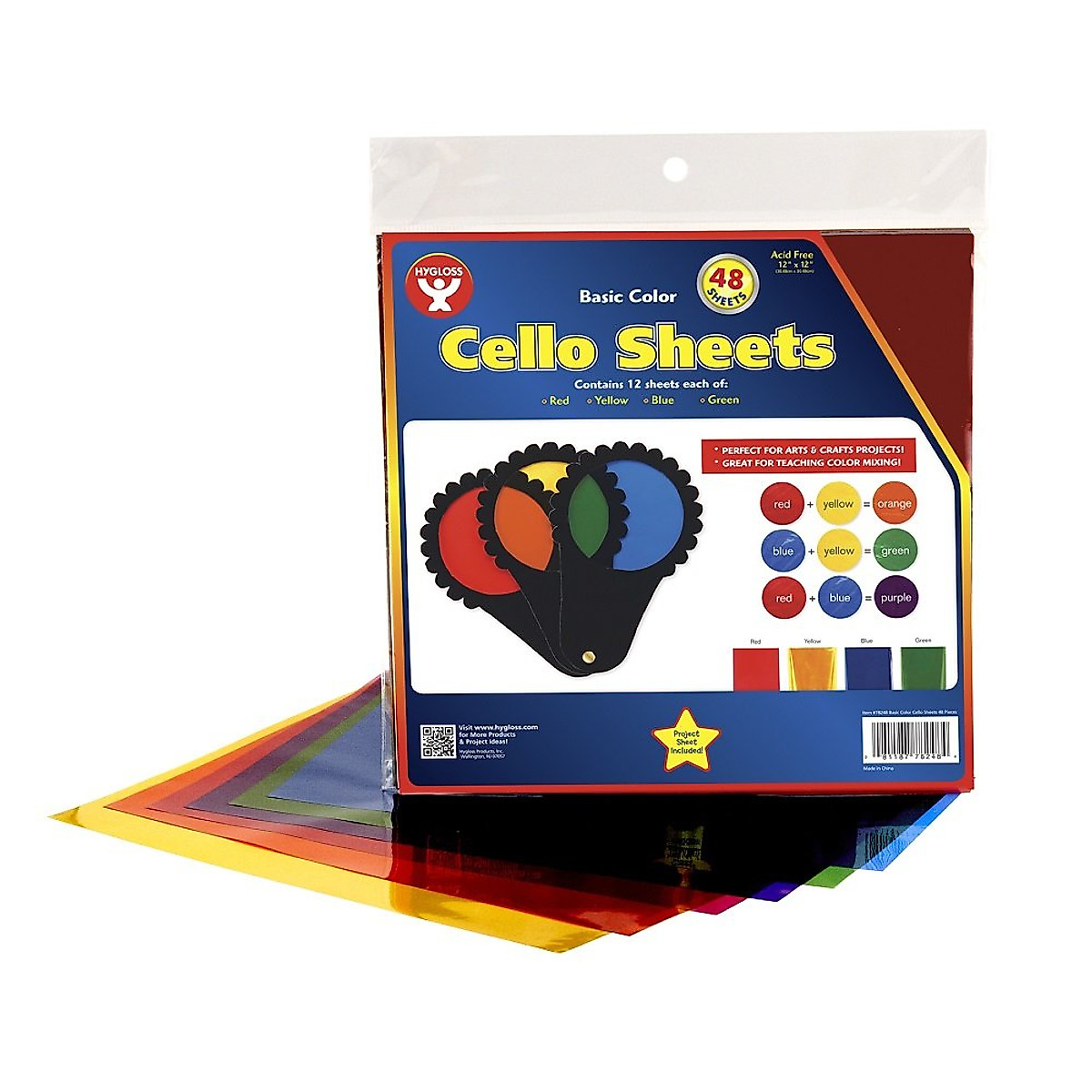 Hygloss Products Cello Sheets - Great for Arts, Crafts, DIY Projects, Classroom Activities, Gift Wrapping and More - 12 x 12 Inches - 4 Colors, 12 of Each - 48 Pack