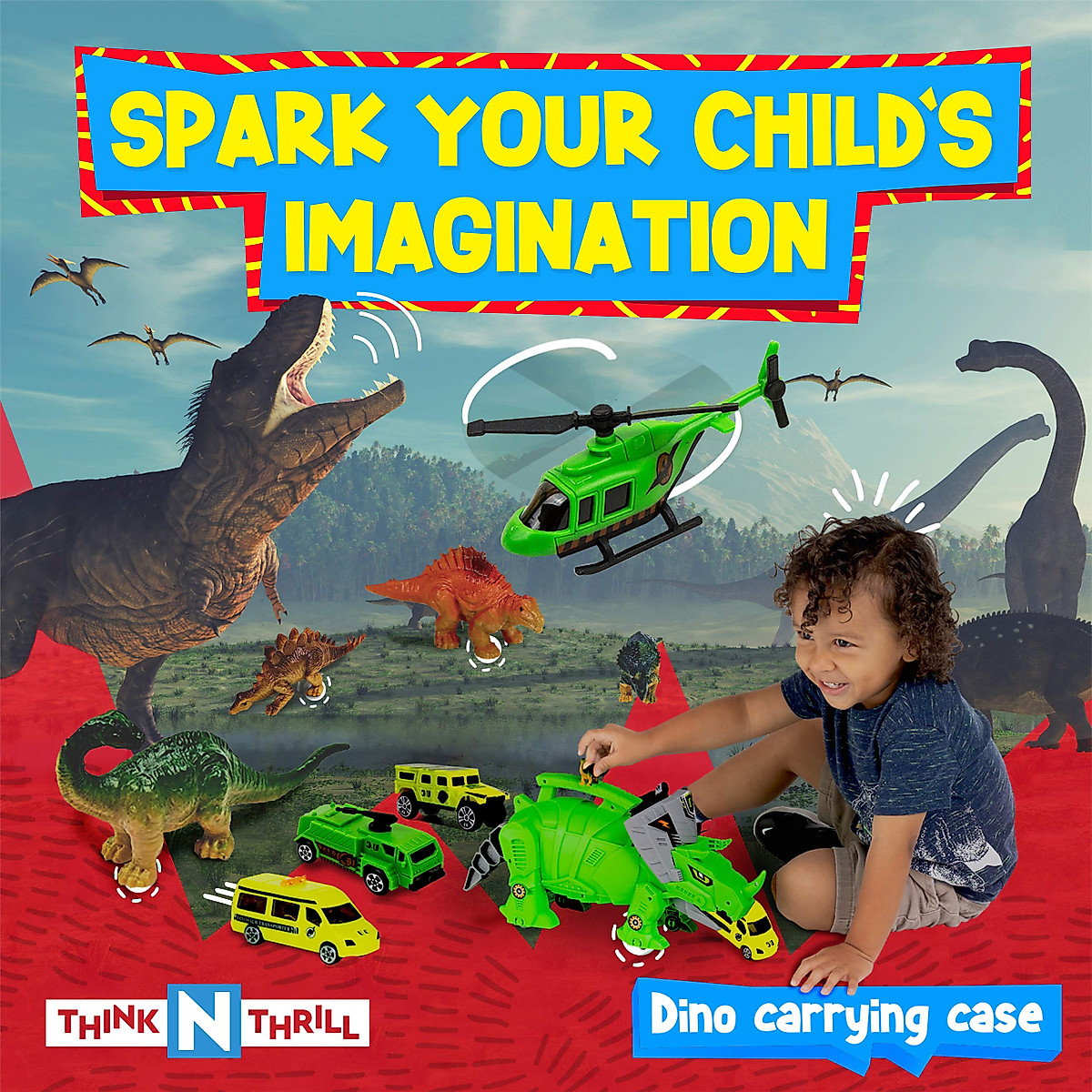 Think N Thrill Dinosaur Toys Storage Carrier for Kids Includes 6 Mini Dinosaurs 3 Toy Cars & Helicopter - #1 Best Fun Playset for Boys & Girls - Great for Children Ages 3+ Years Old (Dinosaur)