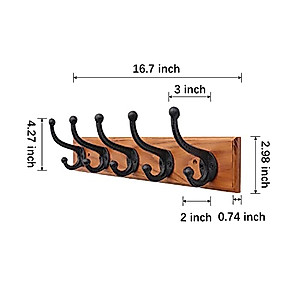 XUEBEI Rustic Cast Iron Coat Hooks Black Wall Hooks Coat Rack Heavy Duty Coat Rack with 5 Wall Hooks,Bedroom Ash Wooden Modern Farmhouse,Entryway Hooks, Bags,Towels