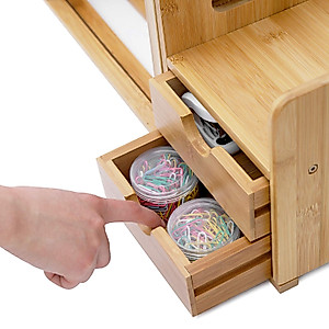 WELLAND Expandable Desktop Bookshelf Bamboo Desk Organizer with 2 Storage Drawers for Office and Home