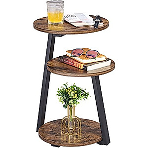 BEWISHOME Round End Table Side Table with Metal Frame, Accent Table Nightstand Bedside Table with 3-Tier Shelves, Small Table for Living Room Bedroom Couch Table Patent ID29897359 Rustic Brown KTZ41Z