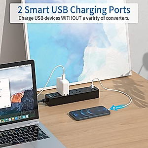 10ft Thin Flat Extension Cord Bundle, NTONPOWER 3 Outlets 2 USB Power Strip with 10ft Power Cord, 4 Outlets 2 USB Power Strip with 10 ft Extension Cord, Flat Plug, Mount for Home Office, Black