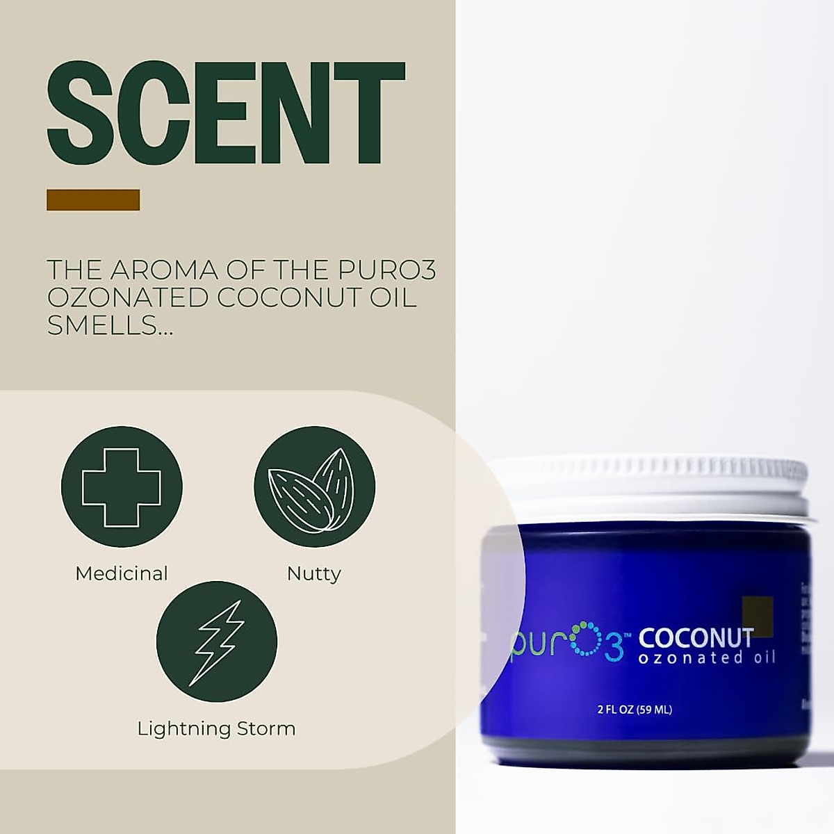 Pur O3 Fully Ozonated Coconut Oil - Pure, Natural, Organic Coconut Ozonated Oil - Coconut Oil Skin Care from Ozontate, Oxygenated Coconut Oil - Ozone Oil in a Glass Jar, 2 oz