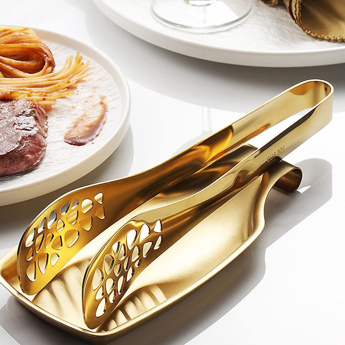 Spoon Rest for Stove Top, 2-Piece Stainless Steel Spoon Holder for Kitchen Counter, Gold Spatula Ladle Cooking Utensils Rest, Heavy Duty & Large Size, Dishwasher Safe