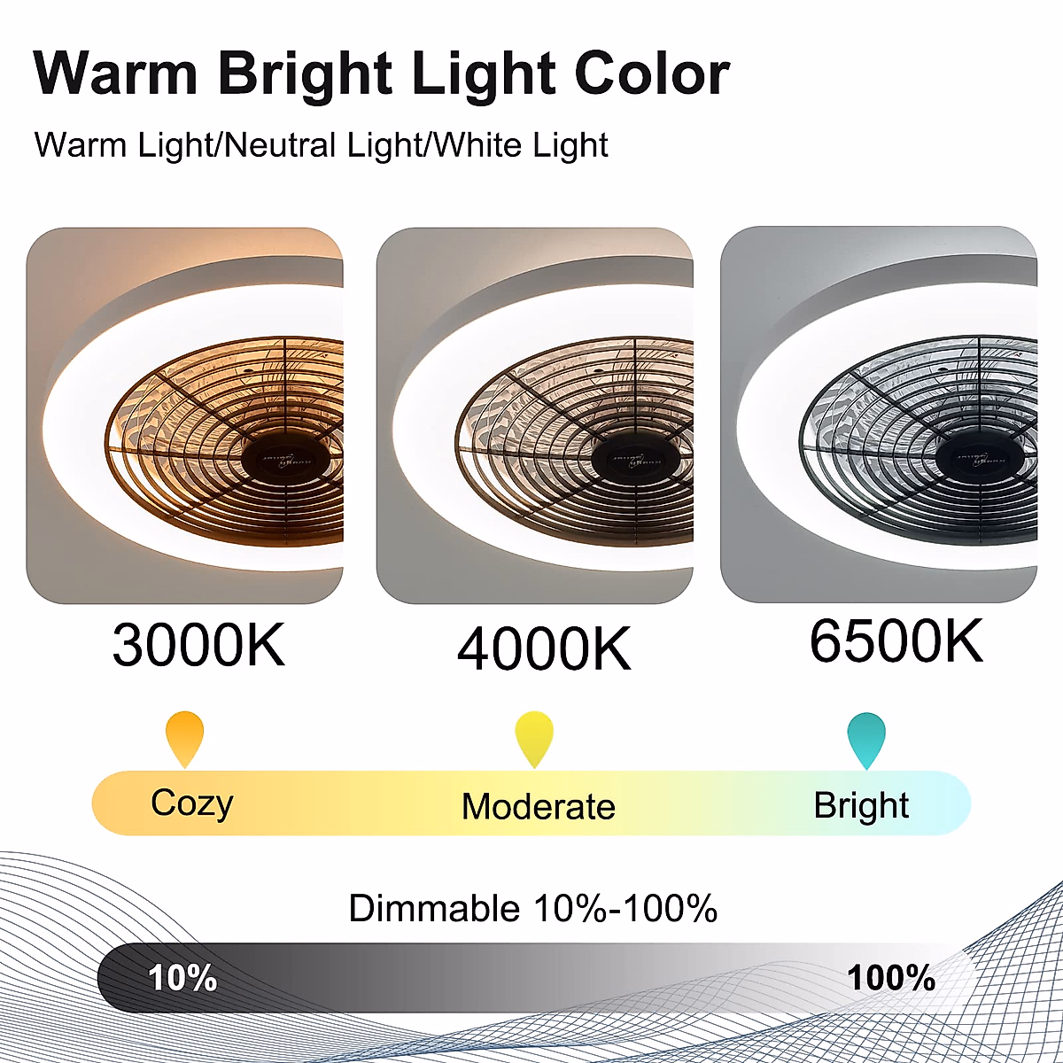 Rough sailor 19.7" Modern Ceiling Fan, Dimmable Low Profile Ceiling Fan, Stepless Colour Temperature Change and 6-Speed Bladeless Ceiling Fan, Black LED Ceiling Fan Lights