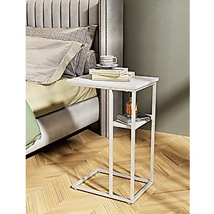 Innerjoin C Shaped End Table, Side Table with Metal Frame, TV Tray Table for Couch, Sofa Table for Living Room Bedroom, Bedside, Rustic Vintage Style, White