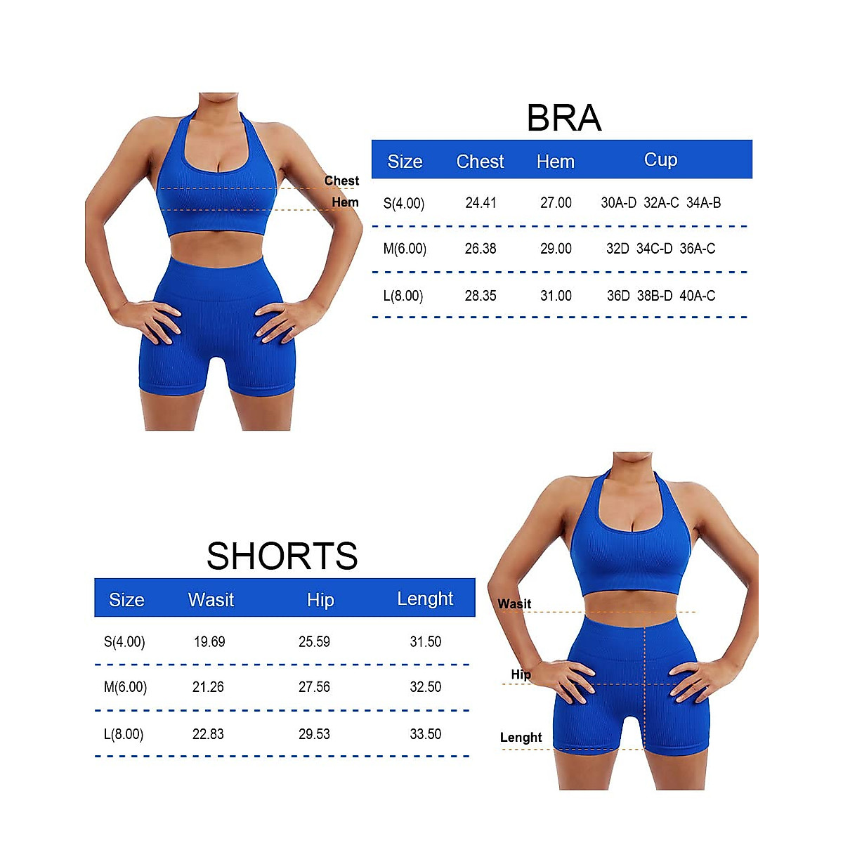 SUUKSESS Women Two Piece Seamless Ribbed Workout Sets Outfits Backless Halter Sports Bra Booty Biker Shorts (Black, M)