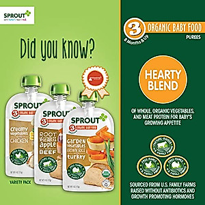 Sprout Organic Baby Food, Stage 3 Pouches, Root Veg & Beef, Creamy Veg & Chicken, Garden Veg & Turkey Variety Pack, 4 Oz Purees (Pack of 18)