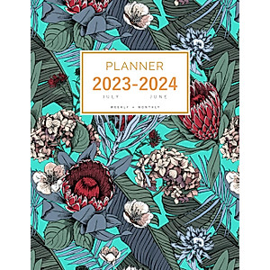 Planner July 2023-2024 June: 8.5 x 11 Weekly and Monthly Organizer | Protea Hydrangea and Palm Leaf Design Turquoise