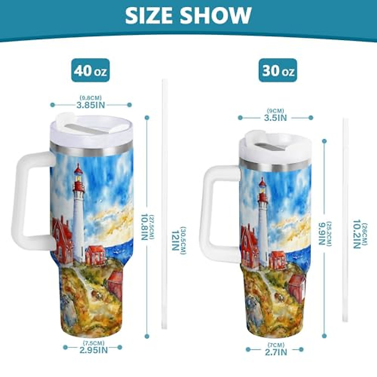 ODAWA Lighthouse Coffee Tumbler Reusable Insulated Water Bottle with Handle Travel Mug