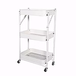 Ruishetop Foldable 3-Tier Metal Utility Rolling Cart with Wheels, Easy Assembly Folding Mobile Multi-Function Storage Organizer Cart for Home Office Kitchen Outdoor (White)