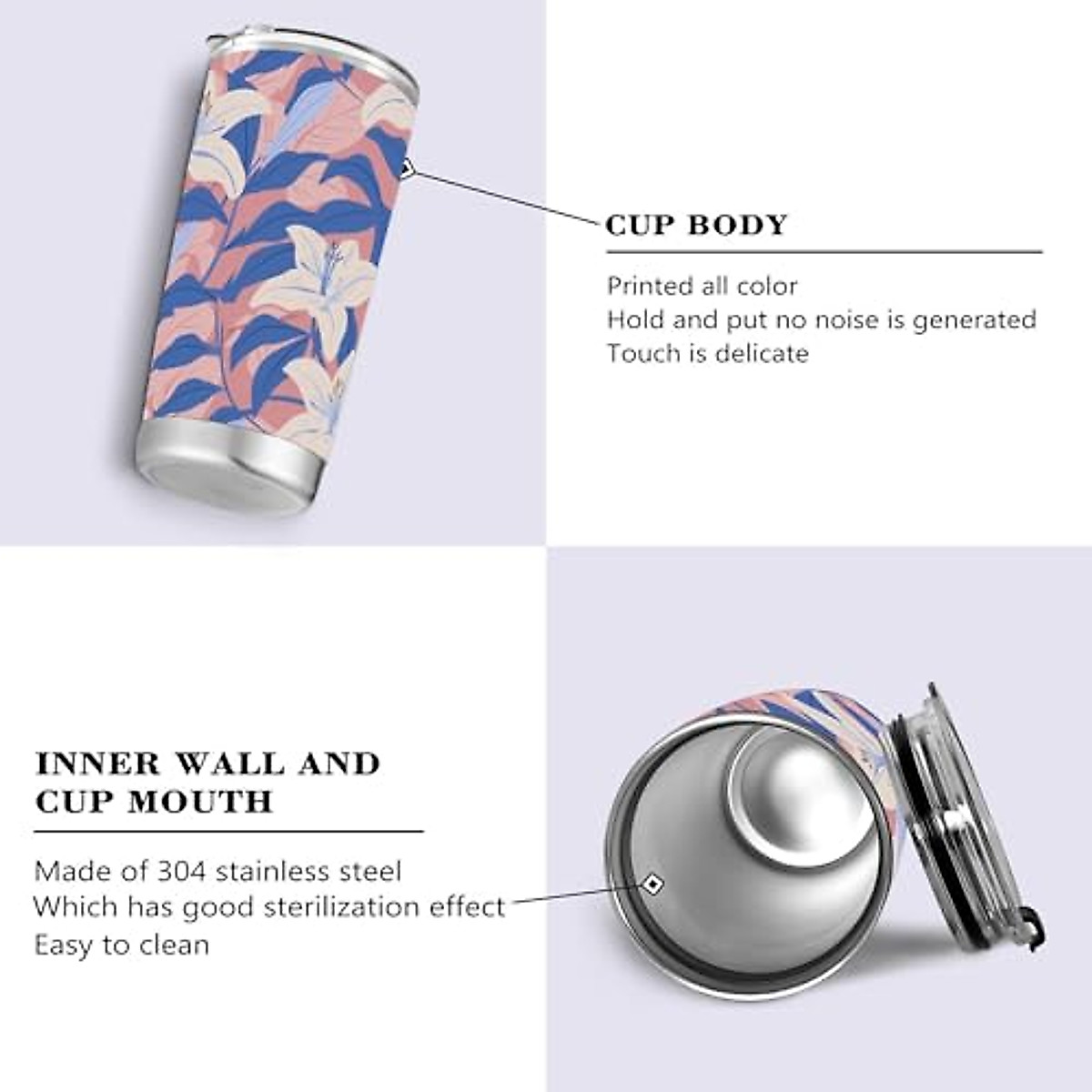 Large White Lily Flowers Blue Leaves Stainless Steel mugs for hot and cold with Straw Leak Resistant Flip coffee mug insulated for gym reusable tumblers with lids and straws 20 OZ