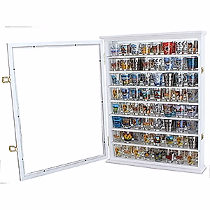 Shot Glass Display Case Solid Wood Wall Shot Glass Cabinet Rack Holder Lockable with UV Protection Acrylic Glass Door Shot Glass Collection Display Cabinet Mirror Back (White Finish)