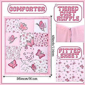 Tudomro 3 Pieces Butterfly Nursery Crib Bedding Set for Girls, Standard Size Bedding Sets with Comforter Fitted Sheet Crib Skirt(Pink)