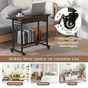 Giantex Rolling Computer Desk, Mobile Desk with Keyboard Tray, Portable Laptop PC Desk Cart with Shelf & Hooks, Small Desk with Wheels for Small Spaces, Bedroom, Apartment, Home Office Desk