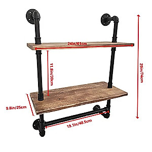 LoftPaipes Industrial Pipe Bathroom Shelf,Rustic Wood Wall Mount Shelf with Towel Bar,24" Black Matte Towel Racks,2 Tiered Metal Floating Shelves Shelving Iron Towel Holder