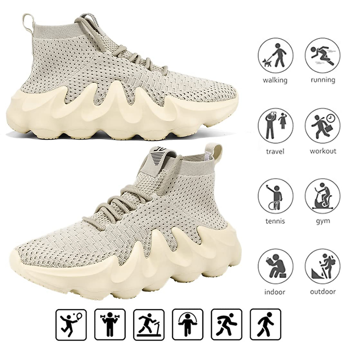 SRONGKE Men's Athletic Walking Shoes Outdoor Running Shoes Slip on Fashion Sock Sneaker (Beige,12)