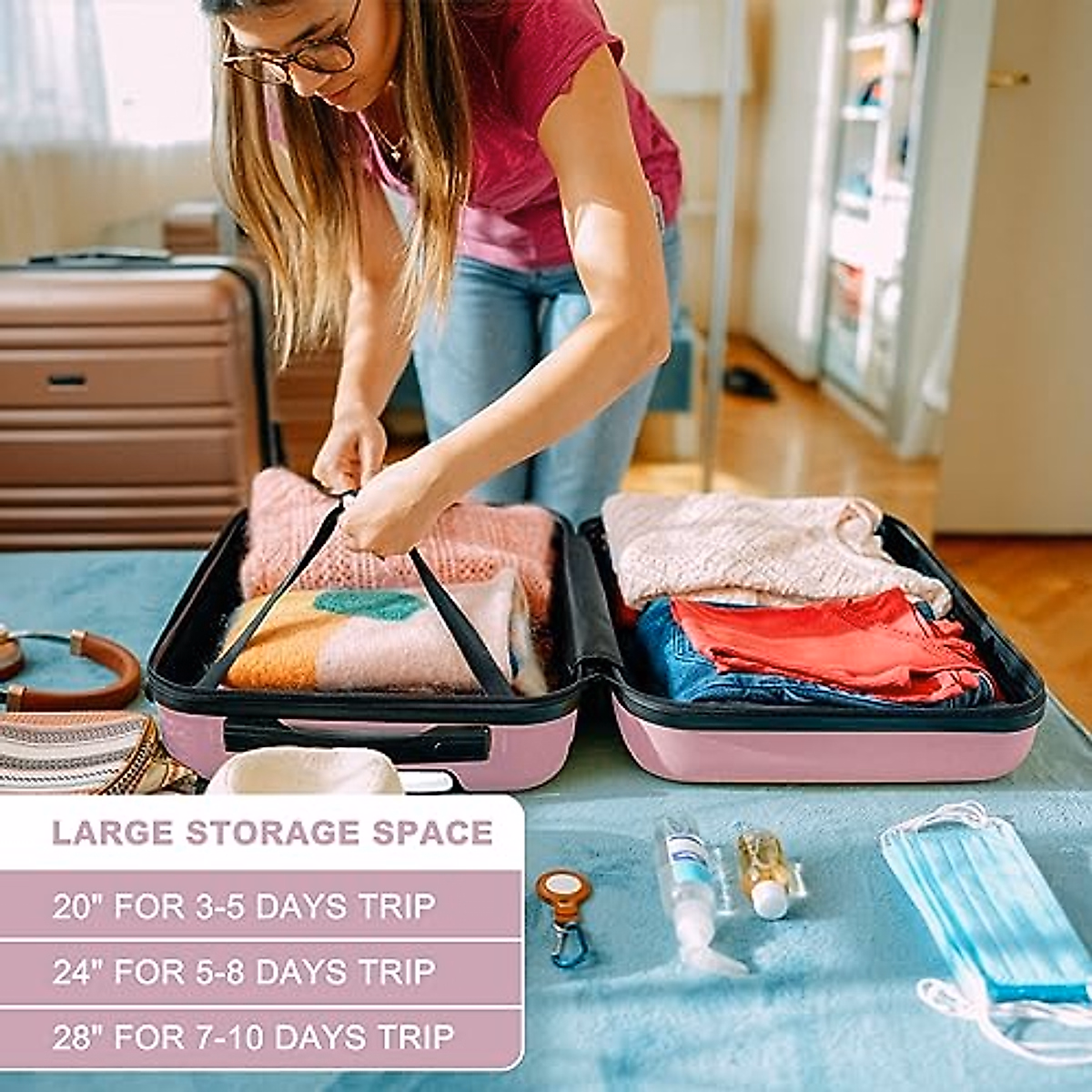 KONO 28 Inch Luggage Suitcase Lightweight with Spinner Wheels TSA Lock Hardside Large Checked Luggage Durable Rolling Suitcase Pink