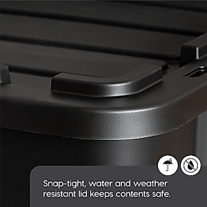 IRIS USA 27 Gallon Heavy Duty Truck Bed Toolbox Storage Tote Bins with Lids, 4 Pack - Made in USA, Tough Snap On Lid Stackable Industrial Rugged Tubs, Garage Organization, Reusable Box - Black