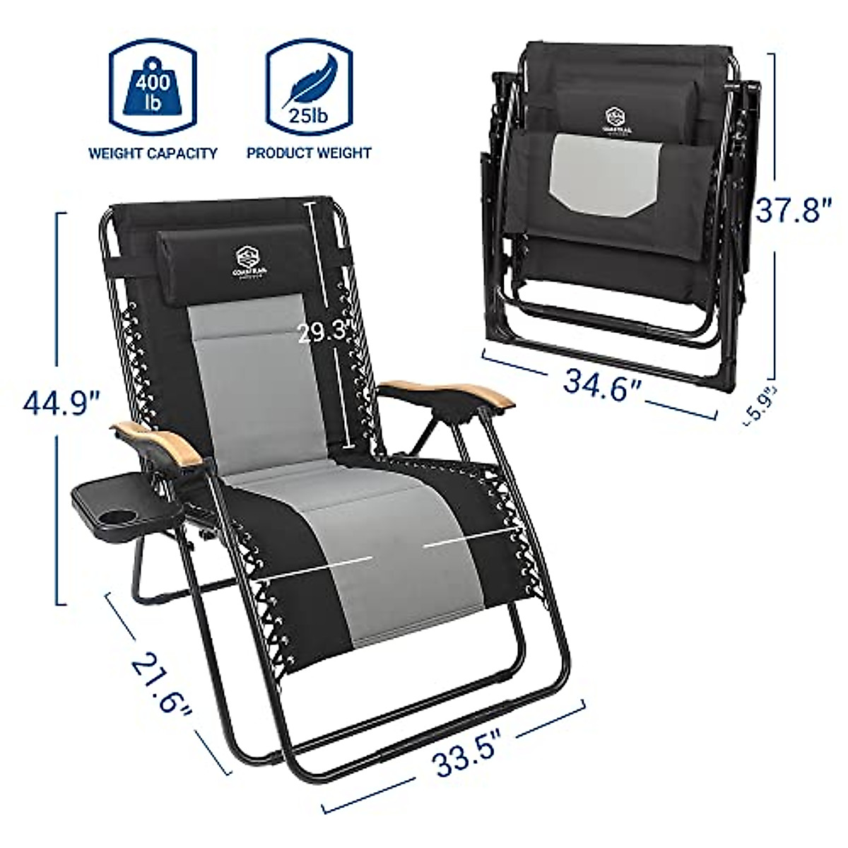 Coastrail Outdoor Zero Gravity Chair Wood Armrest XXL Camping Lounge Chair Patio Recliner Support 400lbs Padded Reclining Chair Folding Lawn Chair with Side Table