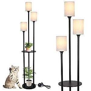 Stepeak Floor Lamp with Shelves, Modern Floor Lamps for Living Room, 3-Lights Standing Lamp with Linen Shade and Foot Switch, Industrial Standing Lamps for Bedroom, Black Tall Table Lamp for Office