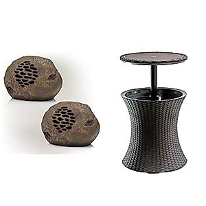 Alpine Corporation Weather-Resistant Bluetooth Solar-Powered Outdoor Wireless Rock Speaker – Set of 2 & Keter Outdoor Patio Furniture and Hot Tub Side Table with 7.5 Gallon Beer and Wine Cooler, Brown