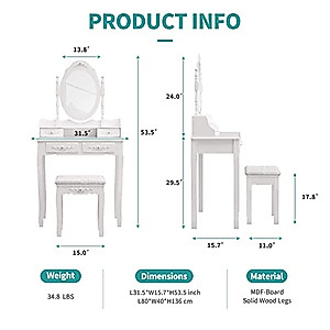 Girls Makeup Vanity Set with Mirror & Stool, Rose Carving Makeup Table, 4 Drawer White Dressing Desk for Bedroom