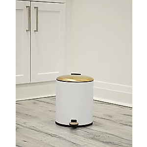 AQ Round Metal 5 Liter/1.3 Gallon Step Trash Can with Removable Liner & Soft Close Lid, Small Garbage Pedal Waste Bin for Bathroom, Bedroom or Office - Matte White & Brushed Gold