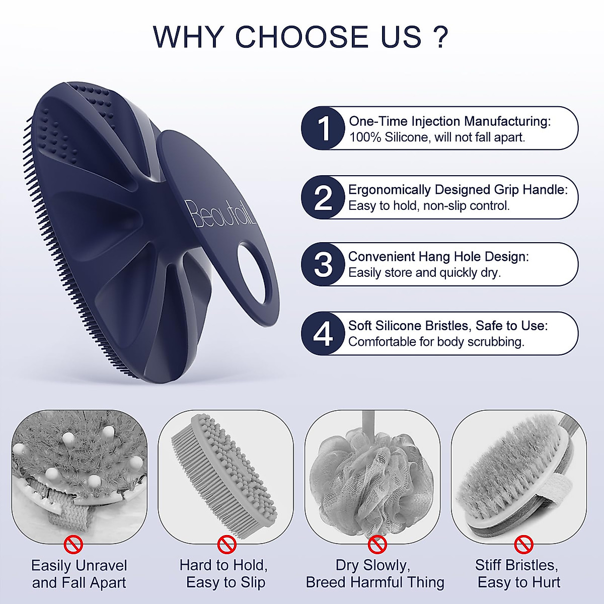 BEAUTAIL Silicone Body Scrubber Shower Bath Wash Brush Gentle Exfoliating Scrub Cleansing Loofah for Women Men Baby Sensitive Skin, Easy to Clean, Lather Nicely, More Hygienic, 1 Pack, Blue