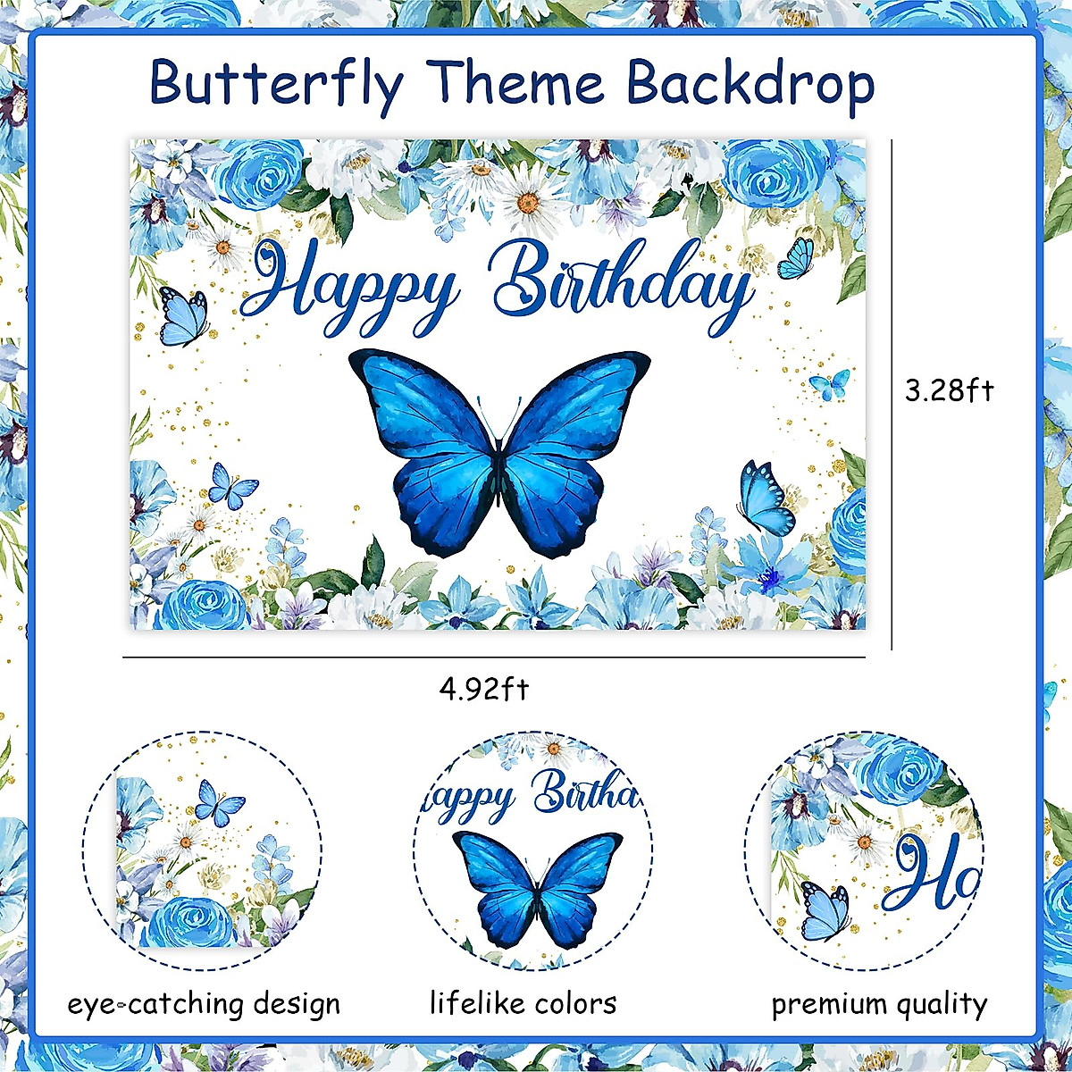 Balterever Blue Butterfly Birthday Party Decorations for Girl Butterfly Happy Birthday Backdrop Balloon Arch Kit Tablecloth Wall Stickers Cake Cupcake Toppers for Girl Butterfly Theme Birthday Party